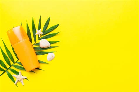 자외선 차단제 스프레이 병 태양 보호 크림과 색상 배경에 열대 녹색 잎이있는 바다 껍질이있는 병 상단 전망 0명에 대한 스톡 사진 및 기타 이미지 Istock