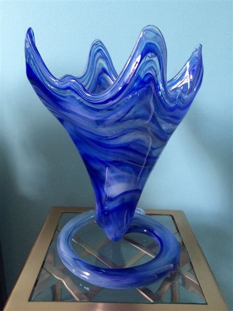 Murano Style Vintage Blown Art Glass Blues Whites Swirl Vase Etsy