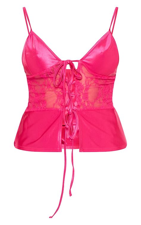 Hot Pink Satin And Lace Mix Cami Top Tops Prettylittlething