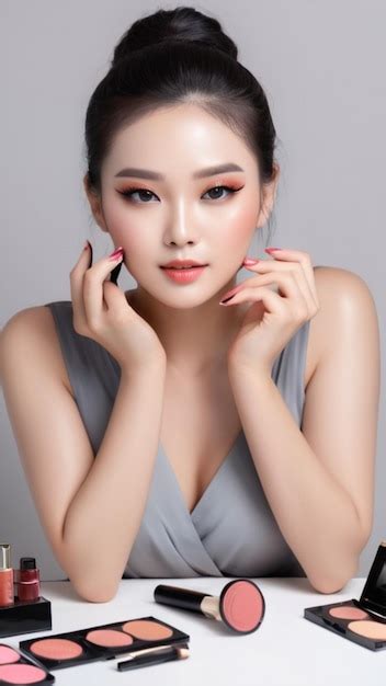 Premium Photo Asian Womans Makeup Guide Testing Cosmetics For