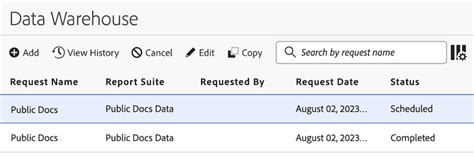 manage data warehouse requests adobe analytics