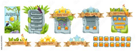 Jungle Ui Game Vector Set Tropical Stone Menu Background Kit Yellow