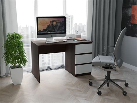 Стол Письменный с Ящиками для Ноутбука и Компьютера Без Ручек Fht 224 Венге Темный Белый