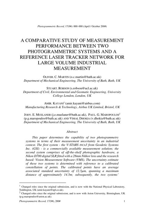Pdf Comparative Performance Between Two Photogrammetric Systems And A Reference Laser Tracker