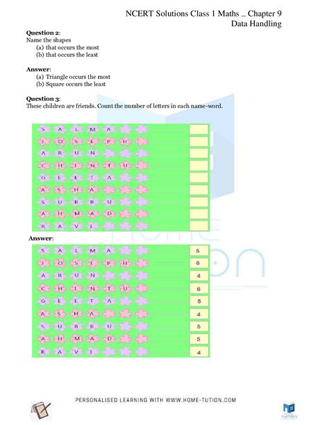 Class 1 Maths Ncert Solutions Chapter 9 Data Handling Free Pdf Download