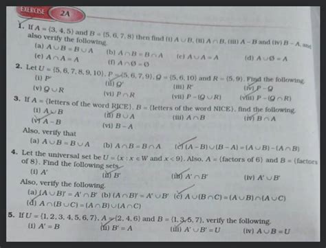 Exercise 2a 1 If A 345 And B 5678 Then Find I A∪b Ii A∩b