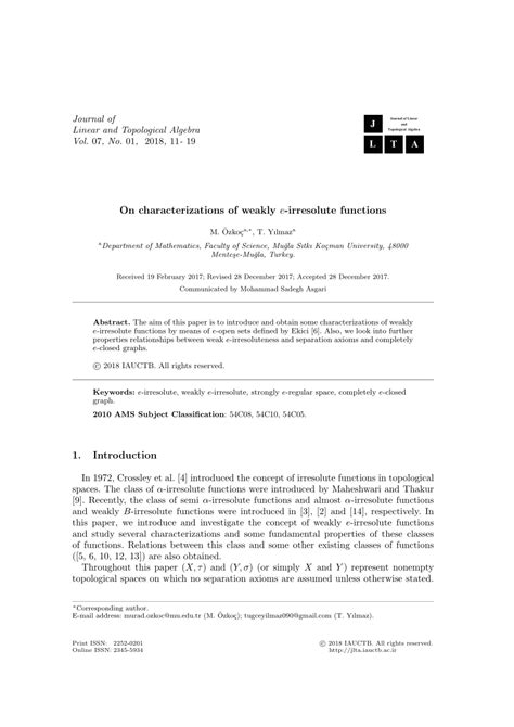 Pdf On Characterizations Of Weakly E Irresolute Functions