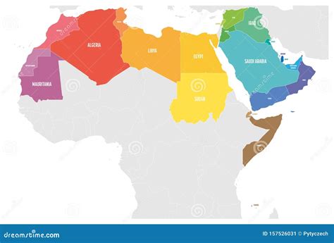 Arab World States Political Map With Colorfully Higlighted 22 Arabic