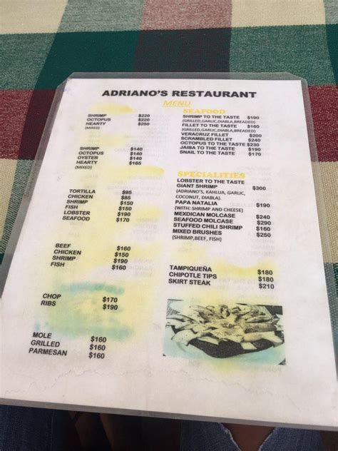 Menu At Adrianos Restaurant Bucerías
