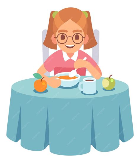 Garota Comendo Na Mesa De Jantar Comida De Criança Saudável Isolada No