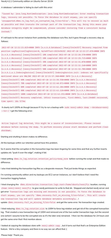 Error Reading Transaction Logs Recovery Not Possible Neo4j Graph