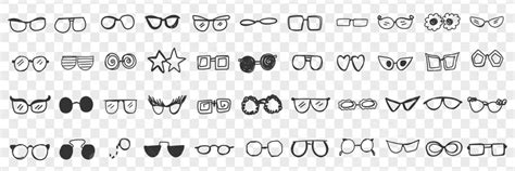 Various Stylish Sunglasses Doodle Set Funny Round Isolated Png And
