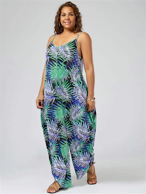 Yileen Plus Size Women Playsuits Tropical Leaf Print Baggy Loose