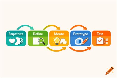 Illustrated Design Thinking Process Flowchart With Five Steps