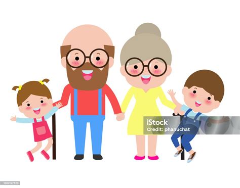 아이들과 조부모 손자와 손녀 초상화 흰색 배경에 고립 된 손자 벡터 일러스트와 행복한 조부모 가족에 대한 스톡 벡터 아트 및