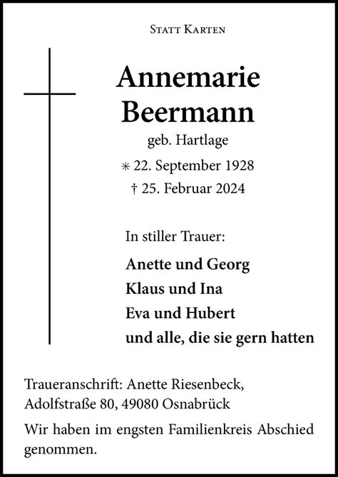 Traueranzeigen Von Annemarie Beermann Noz Trauerportal