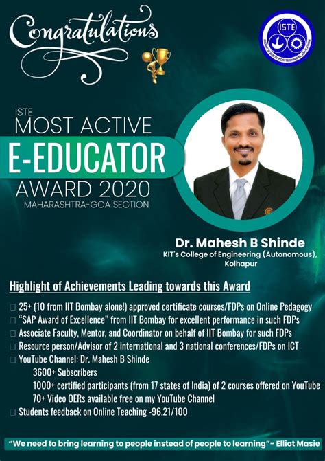 Dr Mahesh B Shinde On Linkedin Iste Awards Eeducation 39 Comments