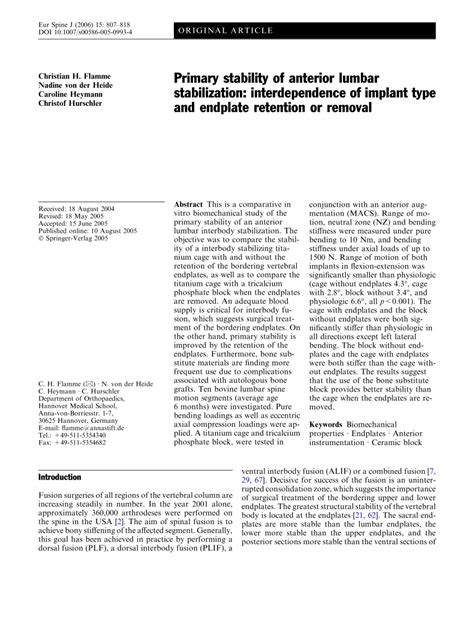 PDF Primary Stability Of Anterior Lumbar Stabilization Interdependence Of Implant Type And