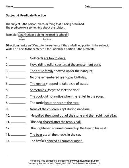 complete subject and predicate exercises