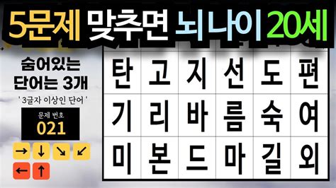 5문제 맞췄다면 뇌 나이 20세 숨은단어찾기 치매예방 치매테스트 치매예방퀴즈 단어퀴즈 뇌건강 가로세로낱말 Youtube