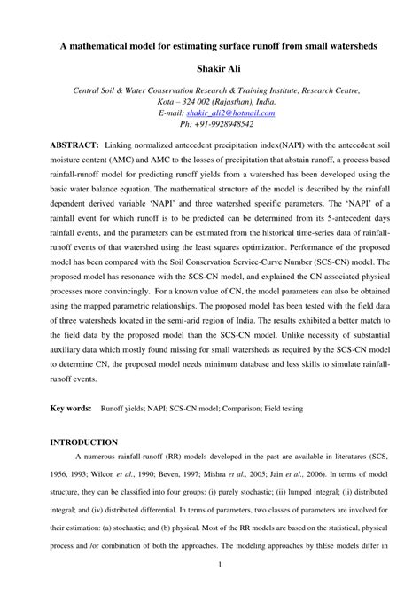 Pdf A Mathematical Model For Estimating Surface Runoff From Small