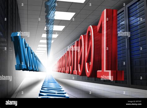 Blue And Red Binary Code In Data Center Hall Stock Photo Alamy