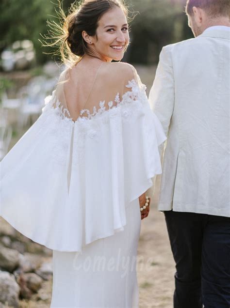 Sheath Illusion Neckline Cape Crepe Wedding Dress