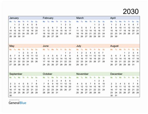 2030 Yearly Calendar Templates With Monday Start