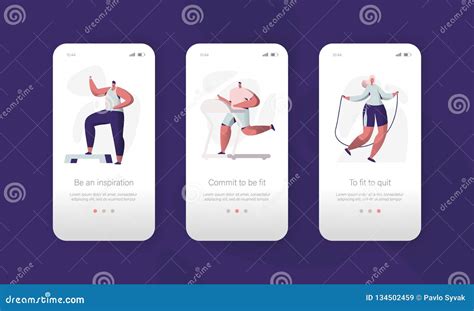 Fitness Gym Character Mobile App Page Onboard Screen Set Sport Healthy Exercise Man And Woman