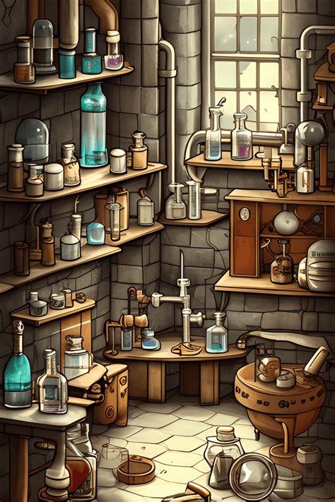 3d Scene Medieval Alchemist Laboratory From The Inside Illustration