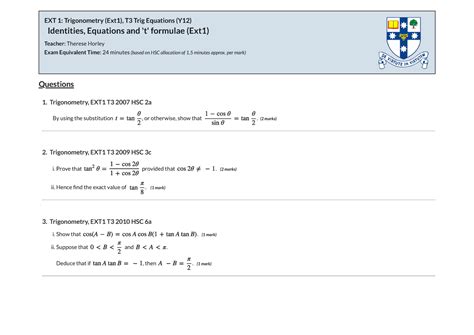 2023 Trigonomteric Identities 1 Trigonometry Ext1 T3 2007 Hsc 2a 2 Trigonometry Ext1 T3