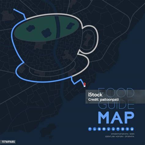 음식 및 음료 가이드 방향지도 여행 아이콘 개념 커피 또는 찻잔 모양 포스터 및 소셜 배너 포스트 디자인 에서 야간 모드 그림 회색 배경 벡터 Eps 관광객에 대한 스톡