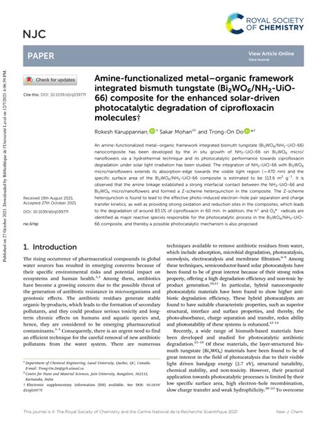 Pdf Amine Functionalized Metal Organic Framework Integrated Bismuth Tungstate Bi2wo6 Nh2 Uio