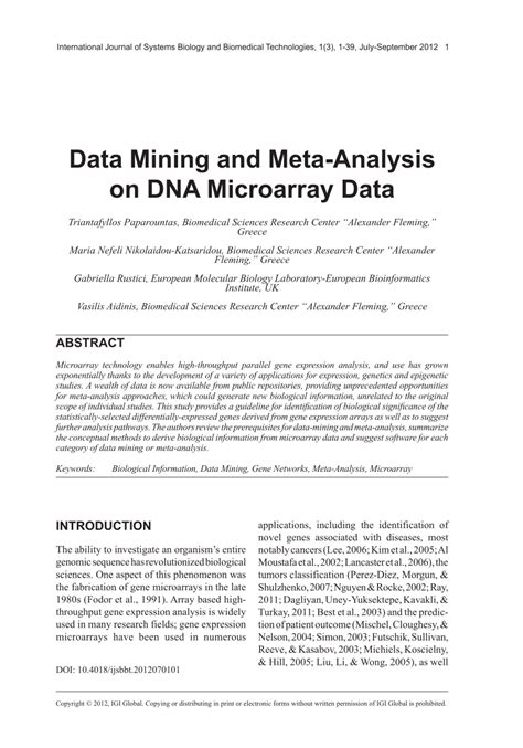 Pdf Data Mining And Meta Analysis On Dna Microarray Data