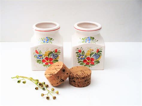 Vintage Stoneware Spice Jars With Cork Lids Floral Kitchen Etsy