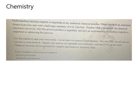 Solved Chemistry Understanding Limiting Reagents Is Important In