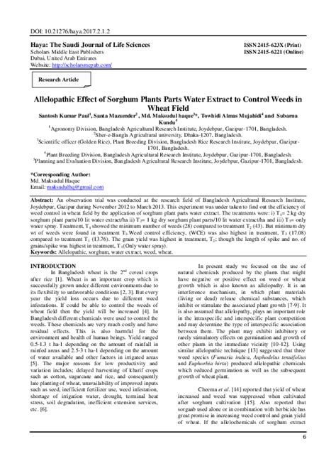 Pdf Allelopathic Effect Of Sorghum Plants Parts Water Extract To Control Weeds In Wheat Field
