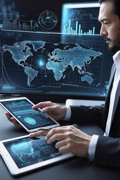 Premium Photo Businessman Using Tablet Data Analysis Interface Global