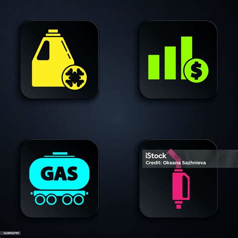 가솔린 펌프 노즐 부동액 캐니스터 가스 철도 수조 및 파이 차트 인포그래픽 및 달러를 설정합니다 검은색 사각형 버튼입니다 벡터