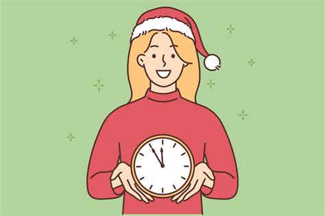 Smiling Young Woman In Santa Hat Hold Clock Counting Minutes Till New