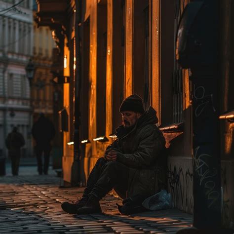 Homeless Man Sitting On Street Begging For Help Money Drug Addict