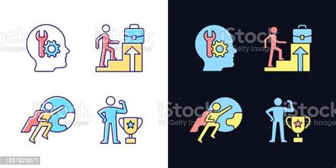 작업 조명과 어두운 테마 Rgb 색상 아이콘 세트에 동기 부여 가벼운에 대한 스톡 벡터 아트 및 기타 이미지 가벼운 개념