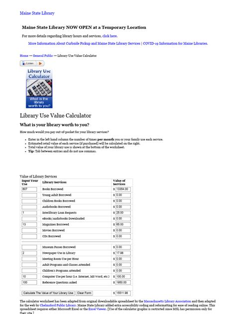 Library Use Value Calculator Maine State Library Pdf Libraries