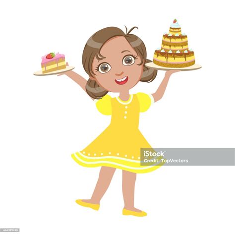 노란 드레스 화려한 캐릭터를 입고 그녀의 손에 생일 케이크와 함께 서 행복한 소녀 건강관리와 의술에 대한 스톡 벡터 아트 및