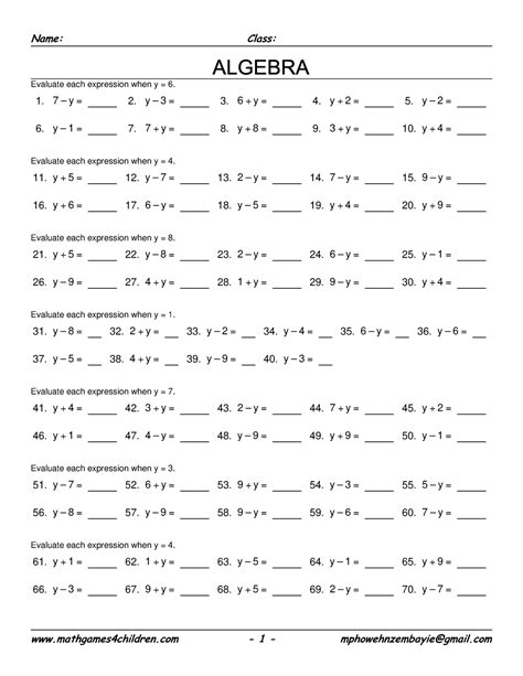 Define Variable 1 Worksheet Evaluate Each Expression When Y 6 1