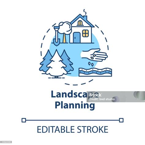 조경 계획 개념 아이콘입니다 농업 및 건축 부동산 건물 야외 랜드 마크 토지 이용 아이디어 얇은 선 일러스트 벡터 절연 윤곽선 Rgb 색상 드로잉 편집 가능한 스트로크