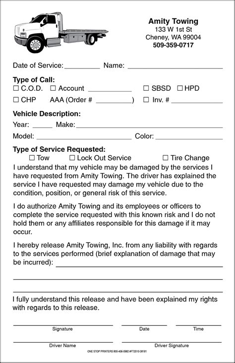 Towing Company Release Of Liability One Stop Printers Facebook