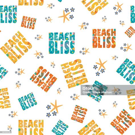 비치 블리스 타이포그래피 벡터 원활한 패턴 배경 열대 색상 멤피스 디자인 텍스트 오안 껍질 흰색 배경에 별물고기 여름 여행 휴가 해변 리조트 개념에 대한 재미 반복 개념에