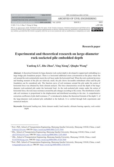 Pdf Experimental And Theoretical Research On Large Diameter Rock Socketed Pile Embedded Depth