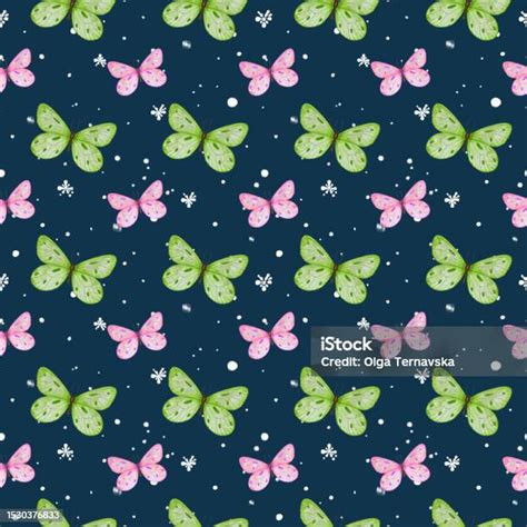 蝶ピンクと緑の蝶と水彩のシームレスなパターン野生の自然昆虫のイラスト Butterflies In The Stomach 英語の慣用句の